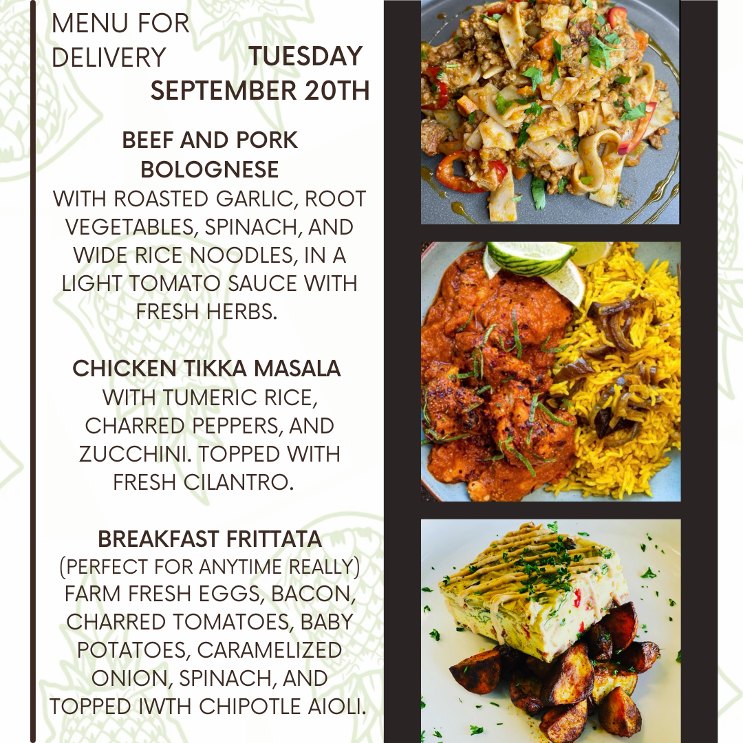 Menu for a delivery Tuesdays September 20th – Clean Machine Meals